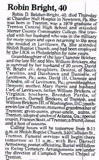 Robin D. Belcher (Akilah Ali) (Deceased), Trenton, NJ New Jersey